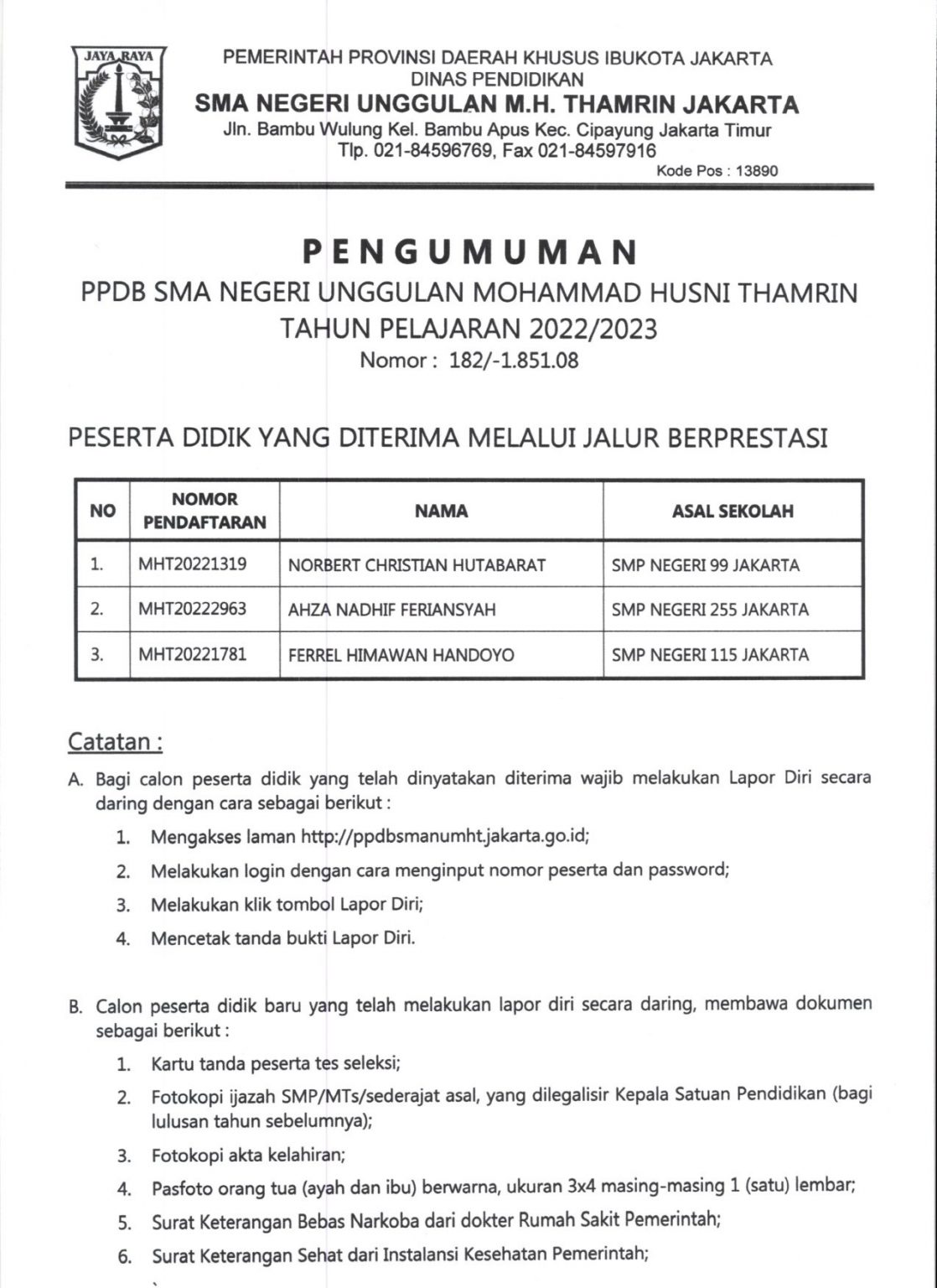 PENGUMUMAN PPDB SMAN UNGGULAN MH. THAMRIN (JALUR PRESTASI) Tahun Pelajaran 2022/2023 – SMANU M.H ...