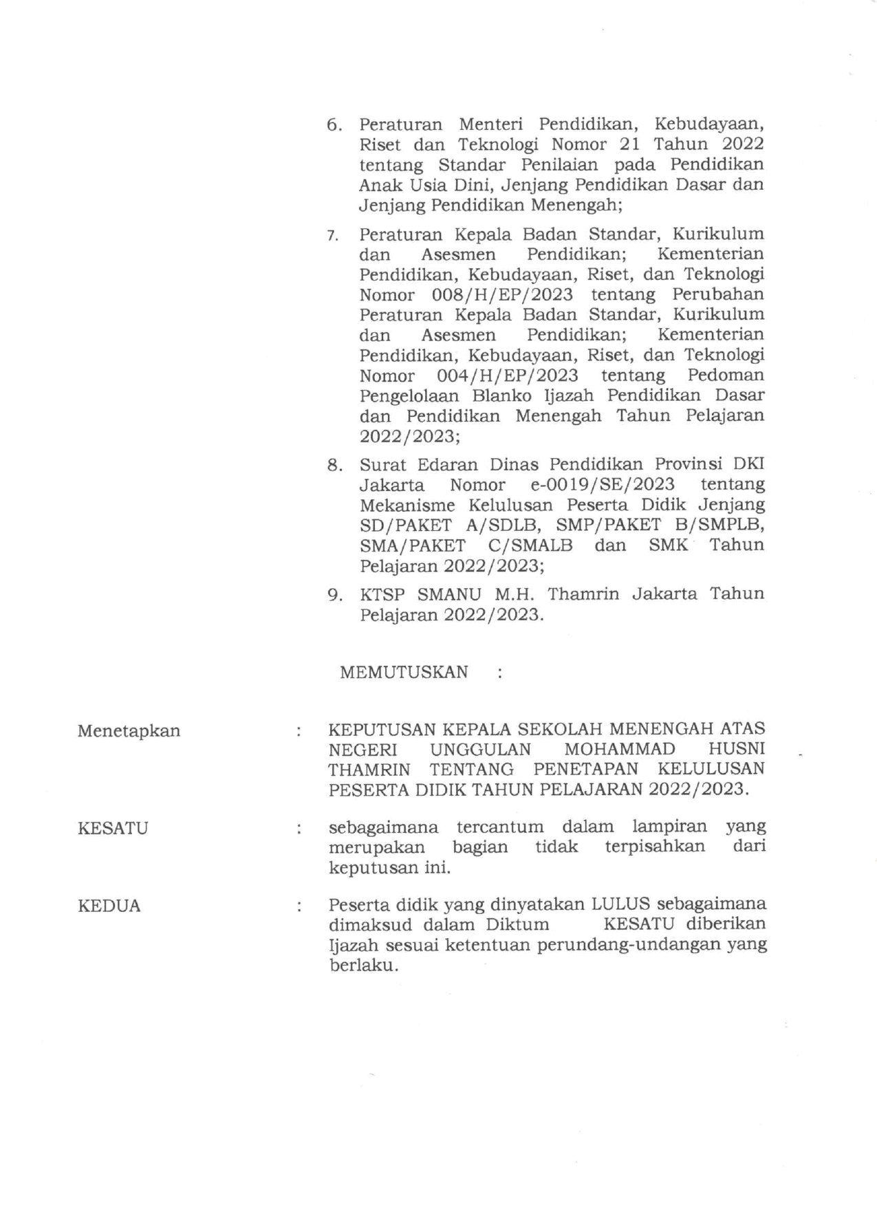 SK Penetapan Kelulusan Peserta Didik SMANU MH Thamrin TP 2022-2023 ...