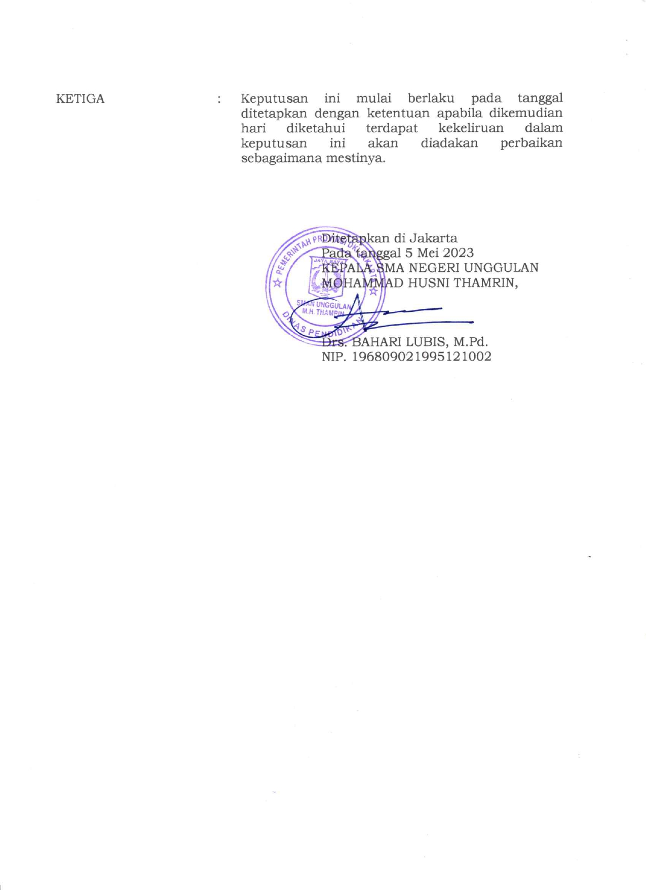 SK Penetapan Kelulusan Peserta Didik SMANU MH Thamrin TP 2022-2023 ...